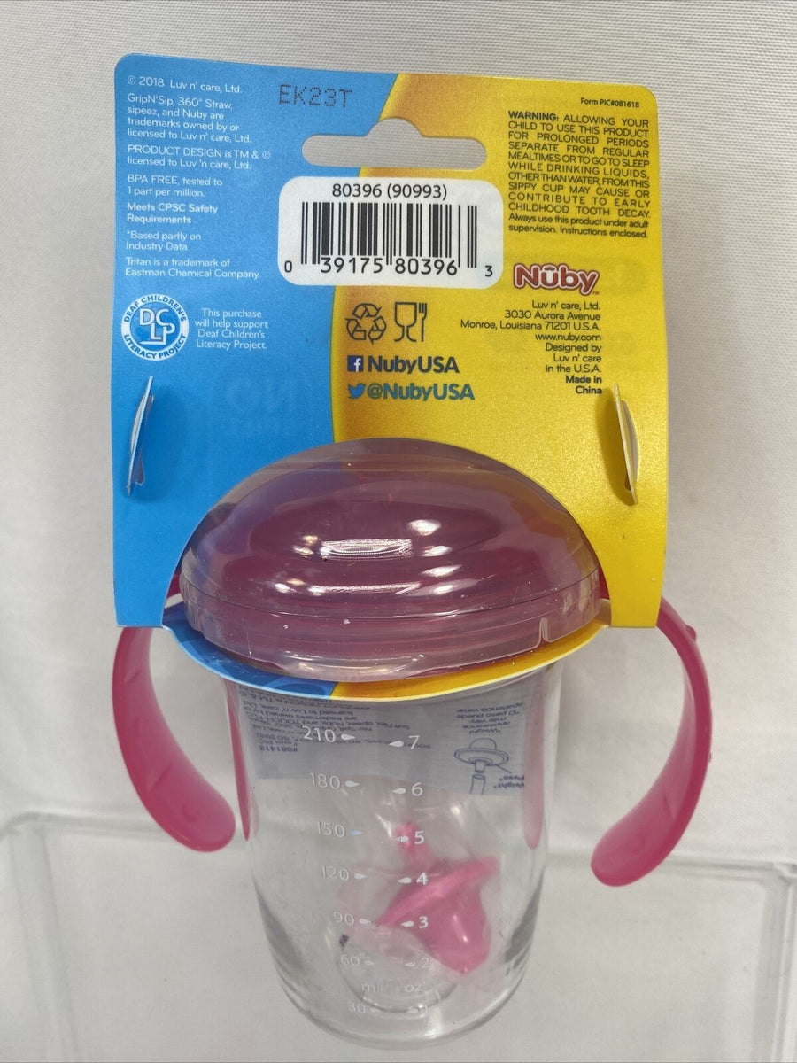 Nuby Pink No Spill 360 Weighted Straw Grip N' Sip Tritan Cup Hygienic – Face Plant