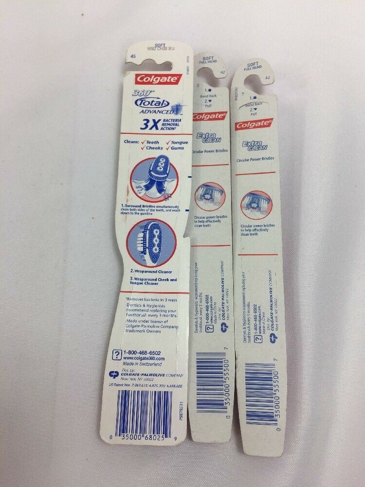 (3) Colgate Soft Toothbrush 360 Total Advanced Full Head & 2x Extra Cl ...